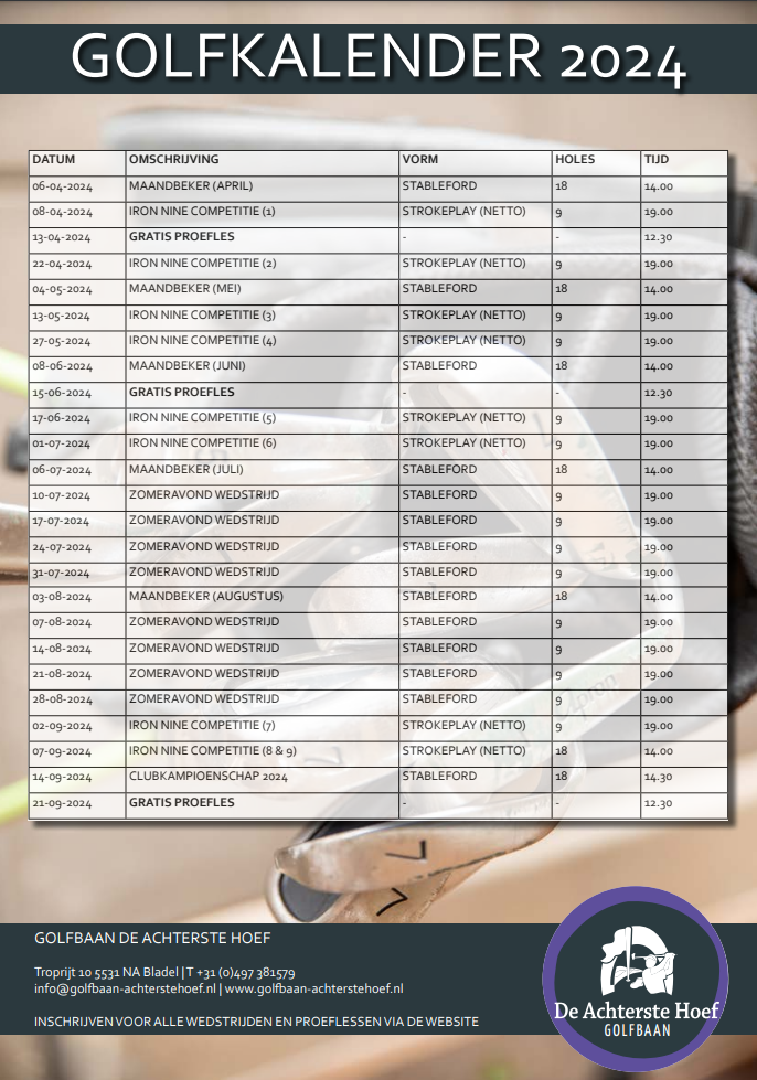 Golfactiviteiten en wedstrijden kalender